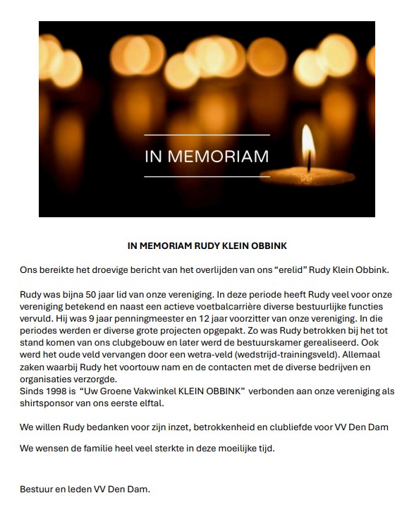 In Memoriam Rudy Klein Obbink - Voetbalvereniging Den Dam